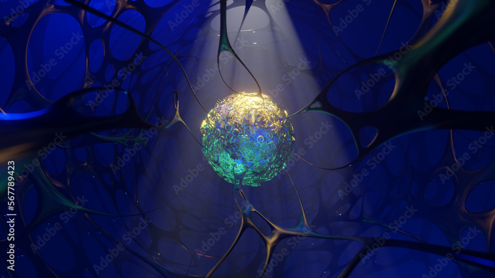 Abstract human neuron cell with axons and data calculation process in ...