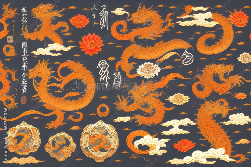 Japanese traditional colorful elements set with dragon samurai katanas ...