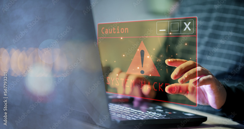 System hacked alert after cyber attack on computer network. compromised information concept ...