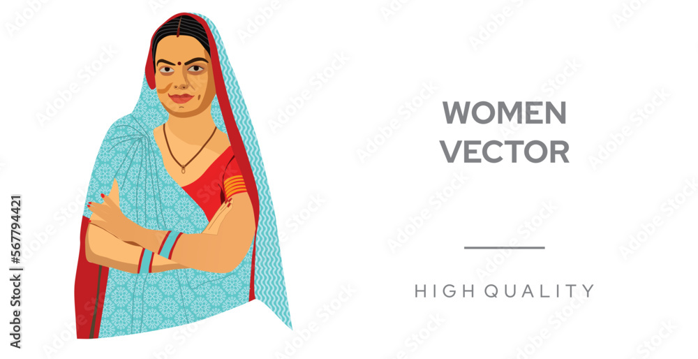 Illustration of an Indian rural woman wearing a saree in the green ...