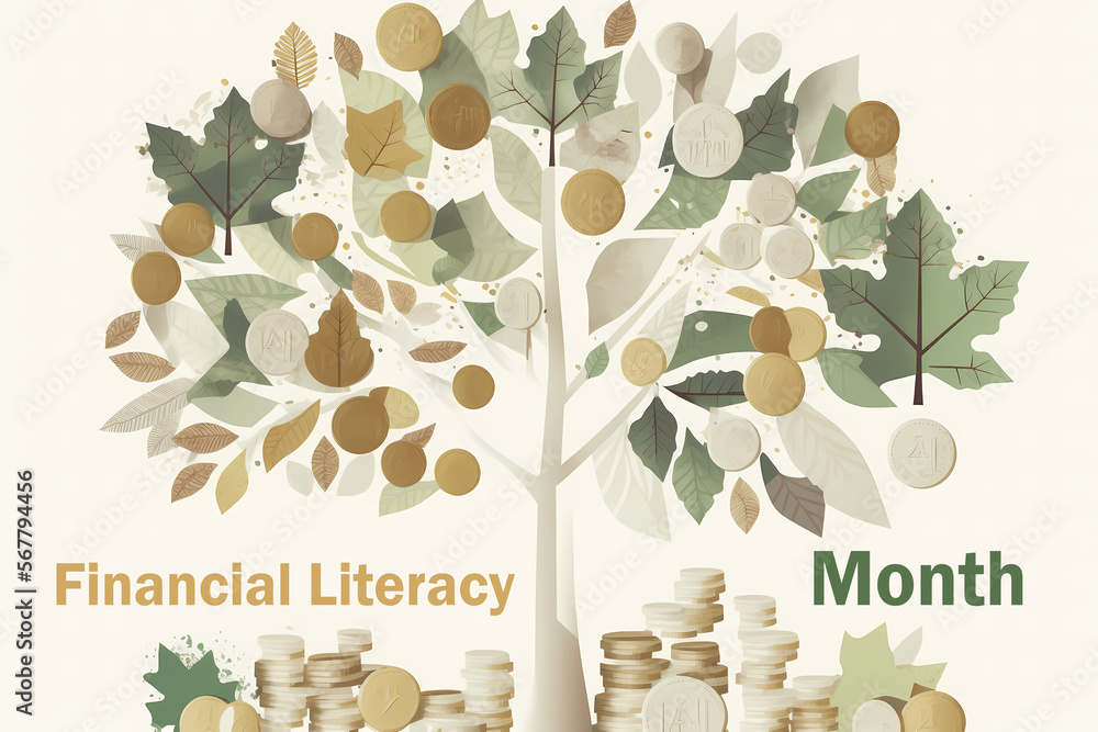 April is financial literacy month background design with a profit tree ...