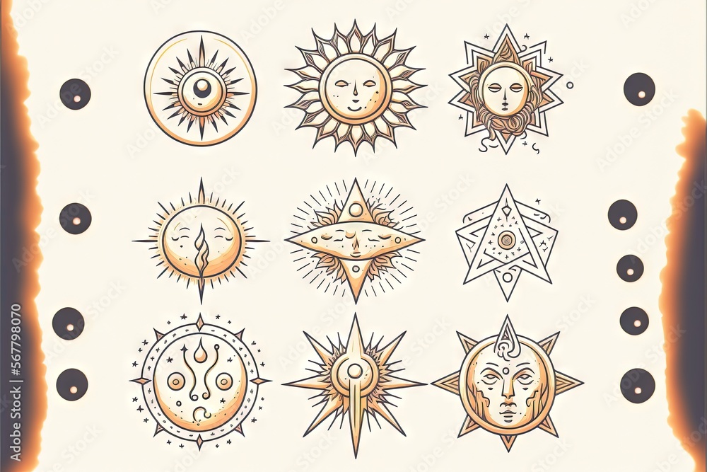 a drawing of sun and moon symbols on a white paper background with a ...