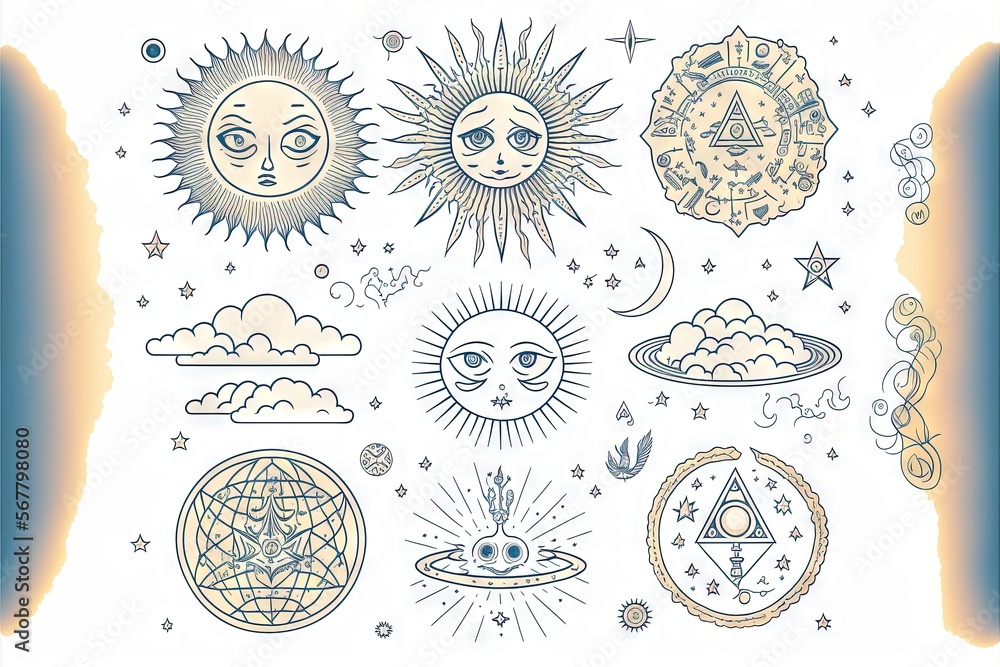 a drawing of a sun and moon with different shapes and sizes of the sun ...