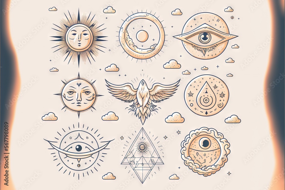 a drawing of a sun, moon, eye, and other things on a white background ...