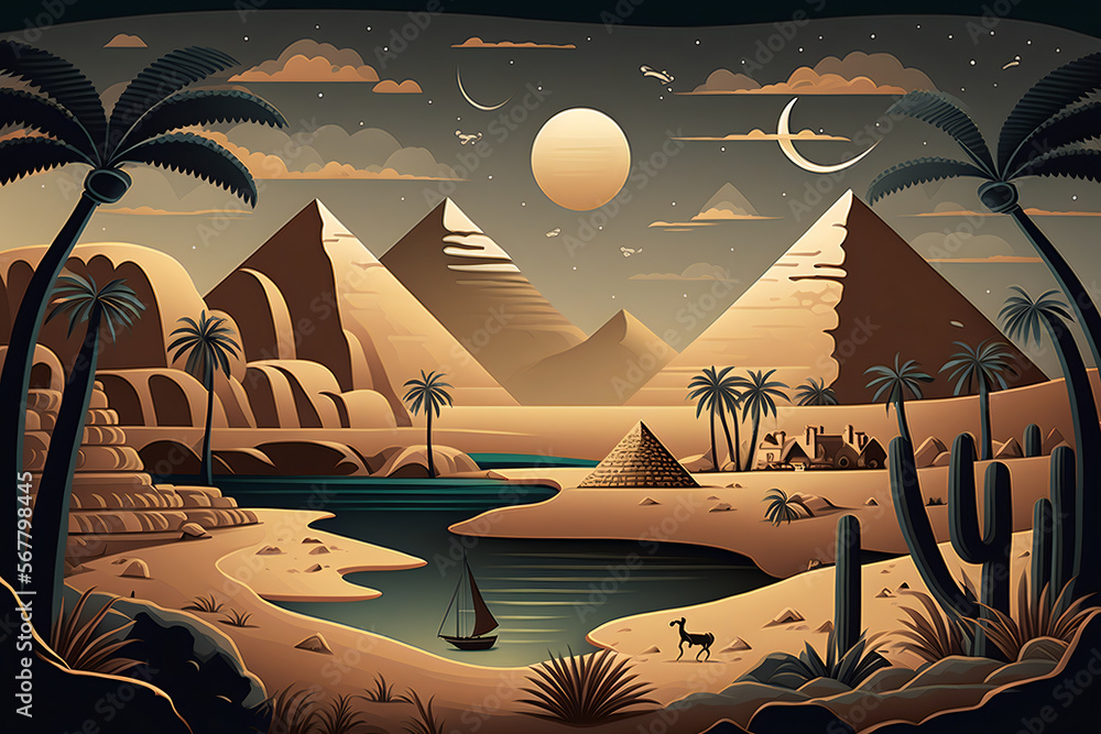 Ancient egypt civilization, Egyptian desert with river and pyramids at ...