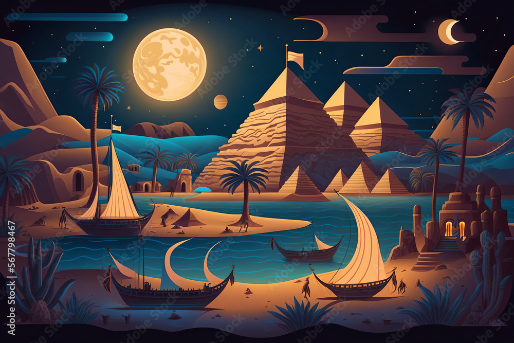 Ancient egypt civilization, Egyptian desert with river and pyramids at ...