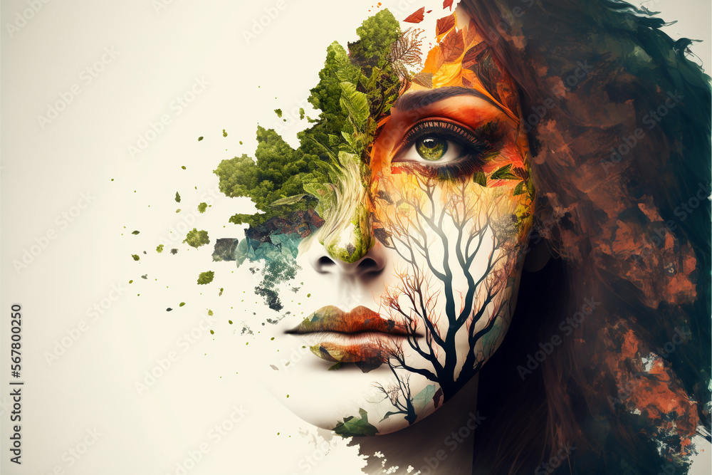 Mother nature concept seamlessly merged with beautiful face portrait of ...