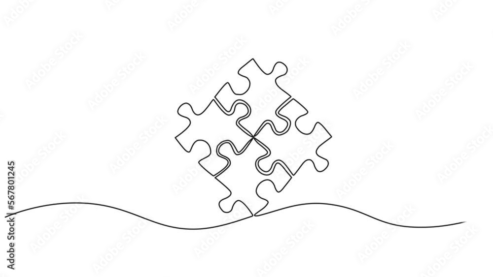 animated continuous single line drawing of four puzzle pieces fitting ...