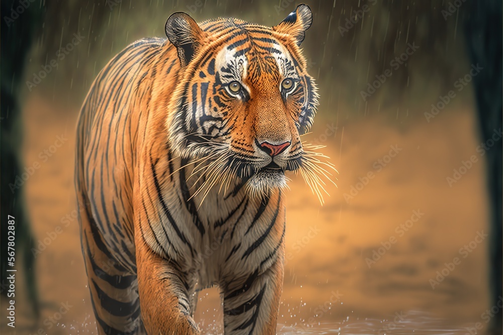 Indian tiger male with first rain, wild animal in the nature habitat ...