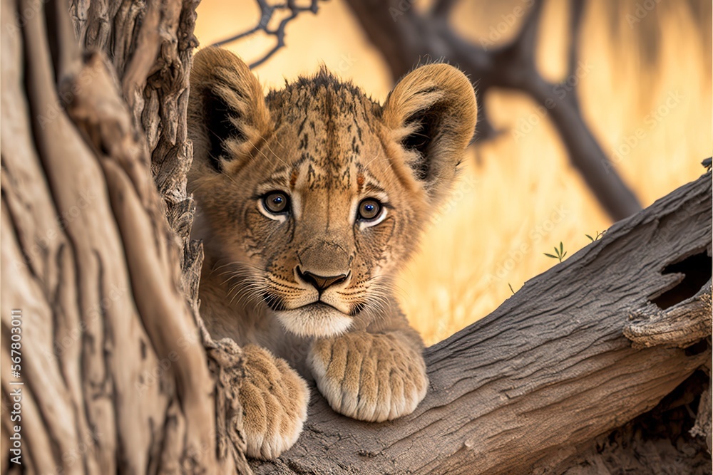 Lion cub hanging around in a Game Reserve in the Tuli Block in Botswana ...