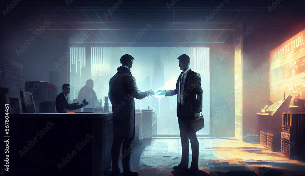 3D rendering cyberpunk robot handshake. Dark cyborg distopian future ...