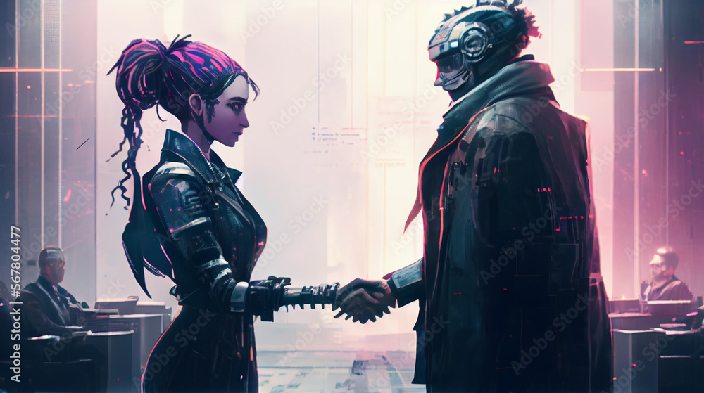 3D rendering cyberpunk robot handshake. Dark cyborg distopian future ...