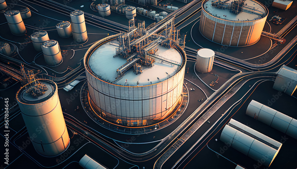 Aerial top view of factory station, oil fuel storage tank, petroleum ...