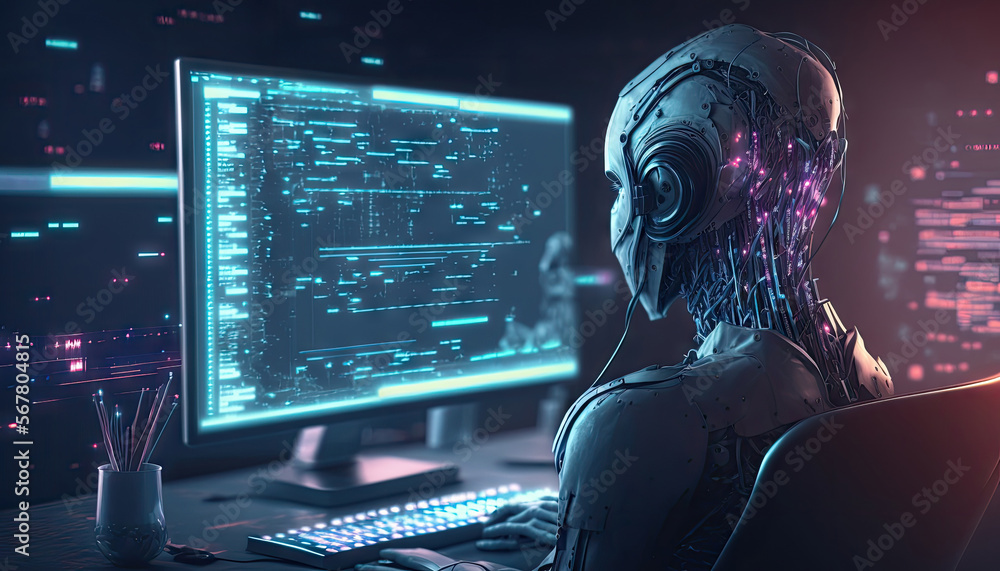 Artificial intelligence, cyborg using computer and typing keyboard, Technology in future ...