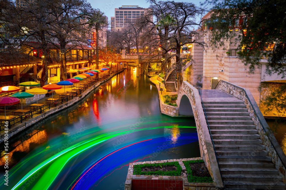 Vibrant winter night landscape of San Antonio River Walk in Texas with ...