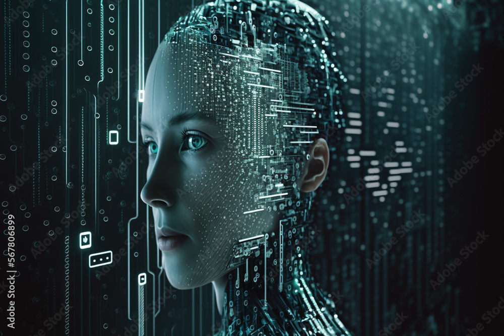 fictional person from the back, representing artificial intelligence inside a room full of green ...