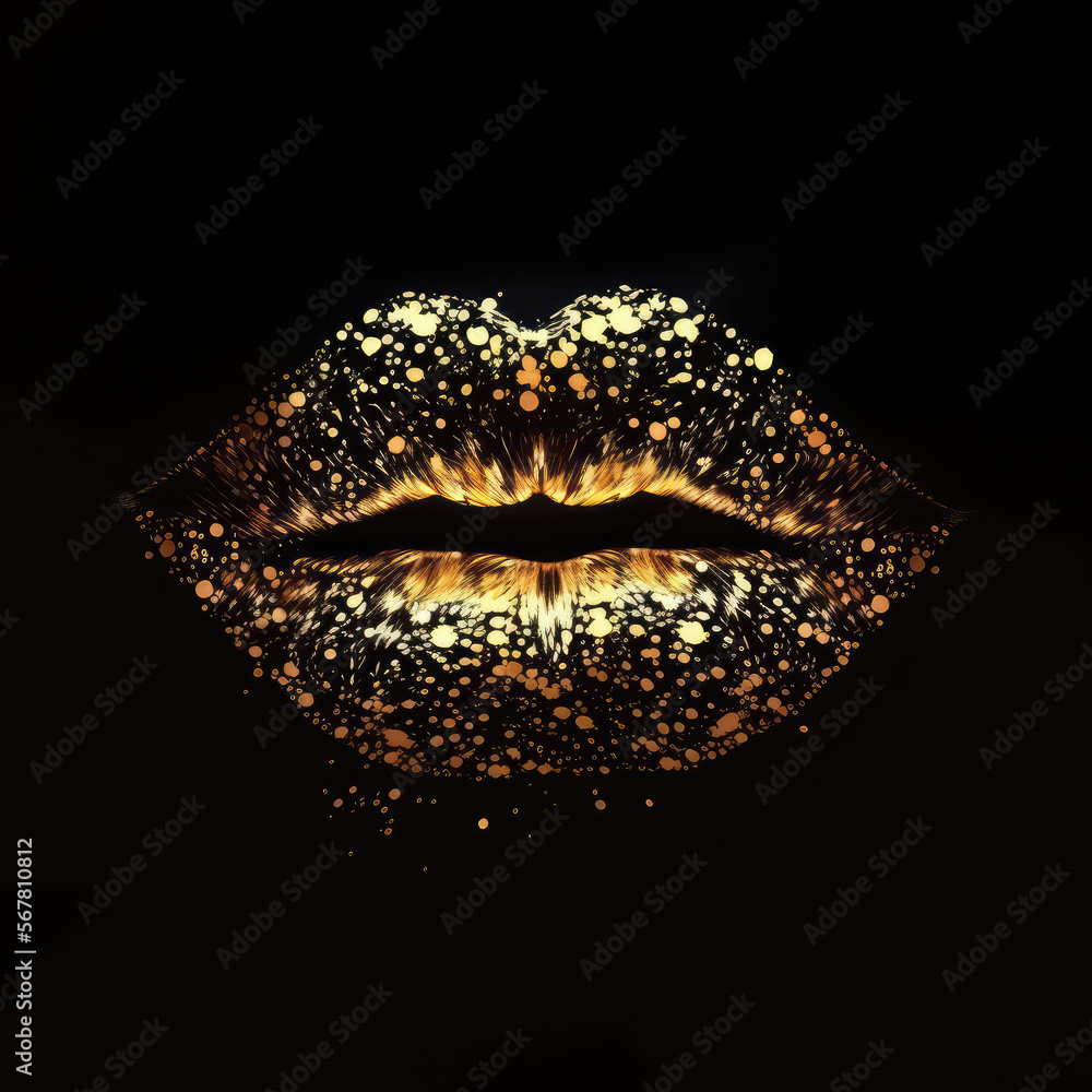 Abstract golden lips on a black background. Golden lips close up ...