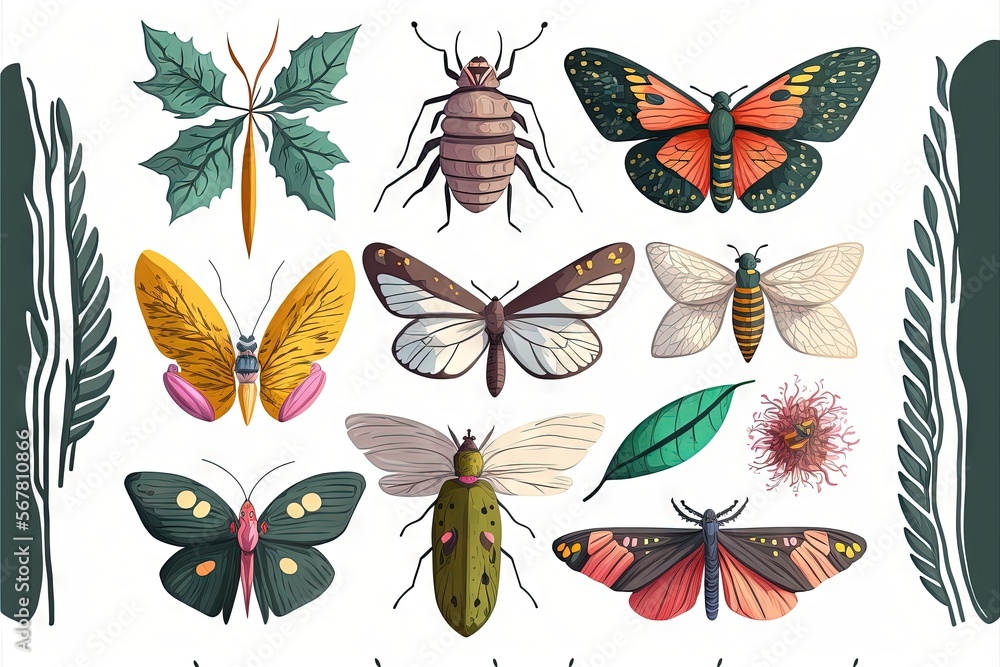 a bunch of different types of bugs and moths on a white background with ...