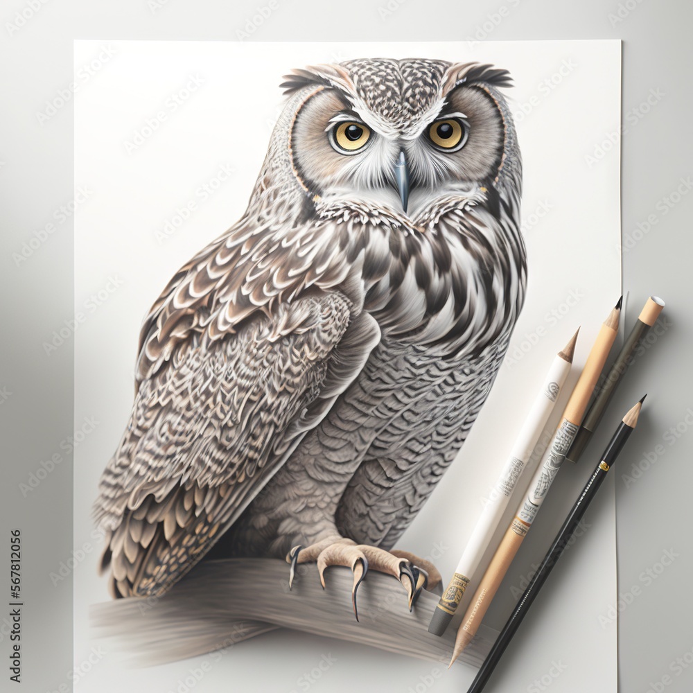 a drawing of an owl sitting on top of a piece of paper next to a pencil ...