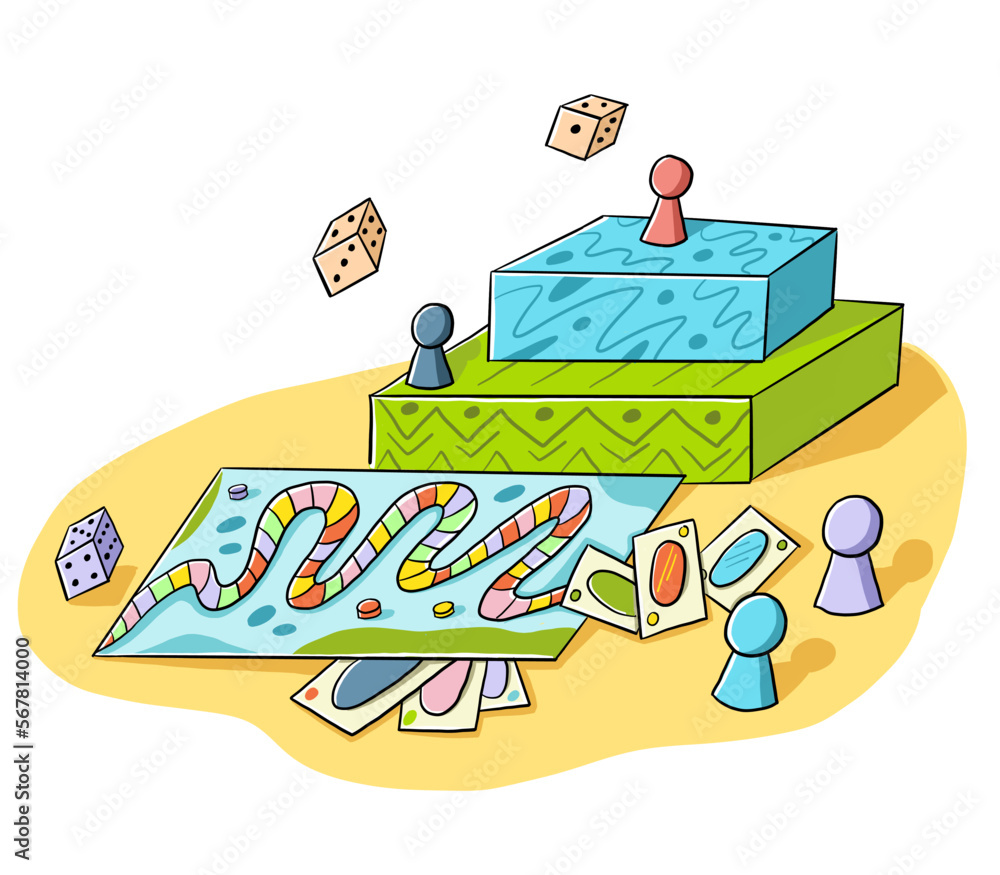 Hand drawn colorful cartoon vector illustration with board games ...