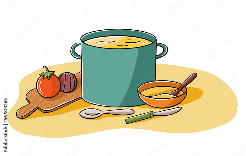 Hand drawn colorful cartoon vector image with soup, cooking, vegetables ...