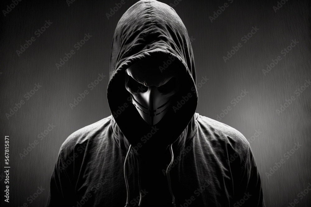 Computer hacker in black mask and hoodie. Obscured dark face. Data ...