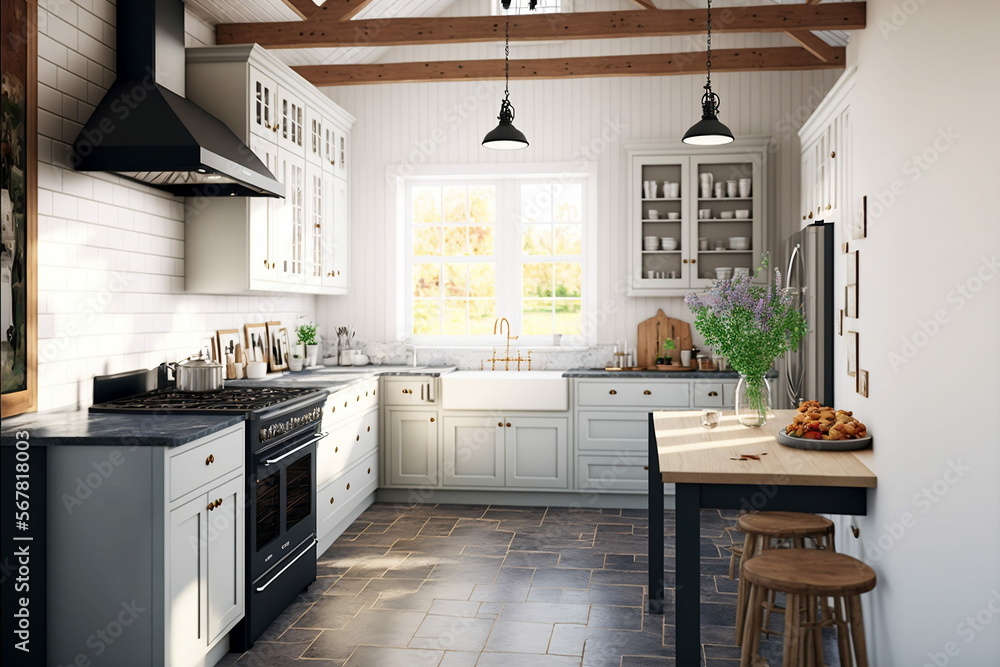 Simple Farmhouse Kitchen Interior Design Photo Wallpaper Generative AI ...