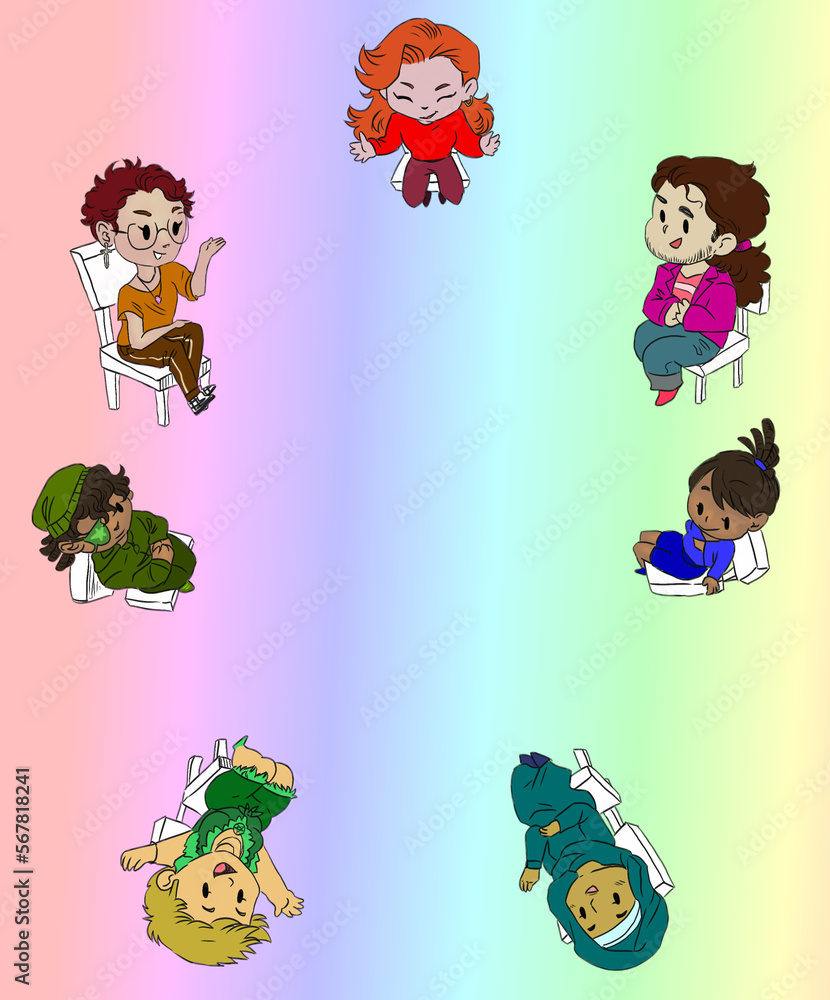 Chibi illustration of a group of different people with colorful clothes ...