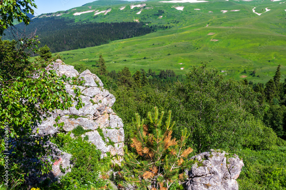 Summer, mountainous terrain, hiking trails running through the park, a ...