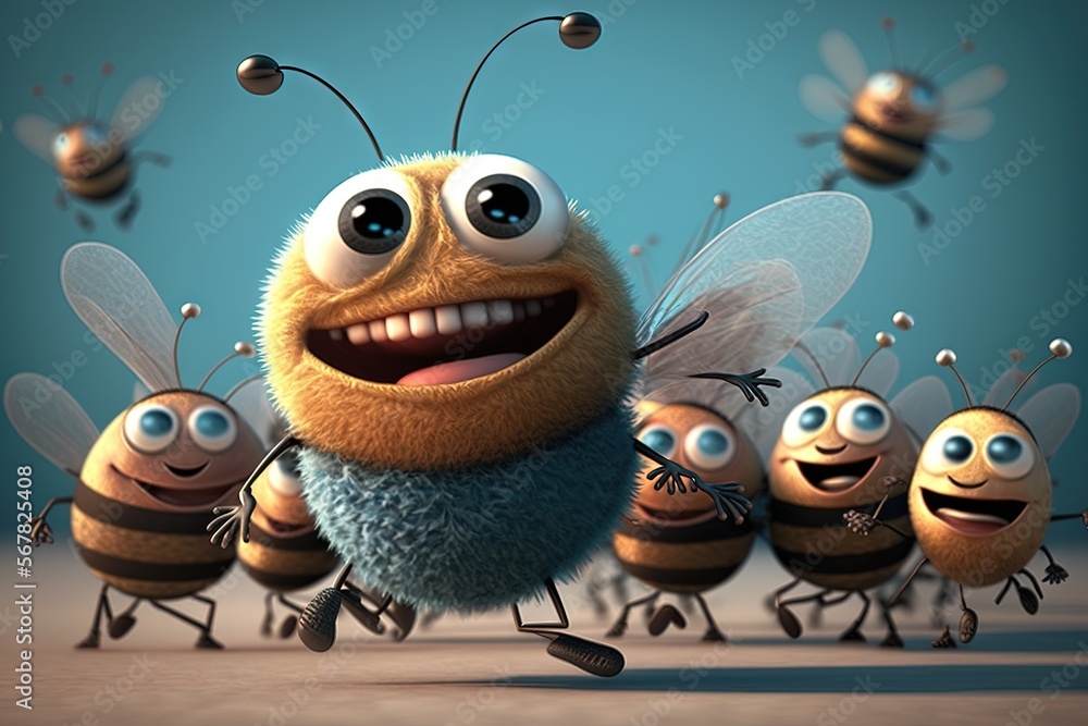 a group of cartoon bees with eyes and antennae, with a smiling face ...