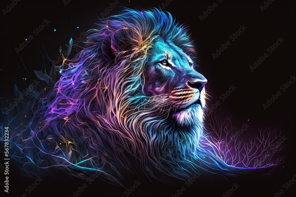 Abstract Neon Light Lion Artwork Design Digital Art Wallpaper Glowing Space Background