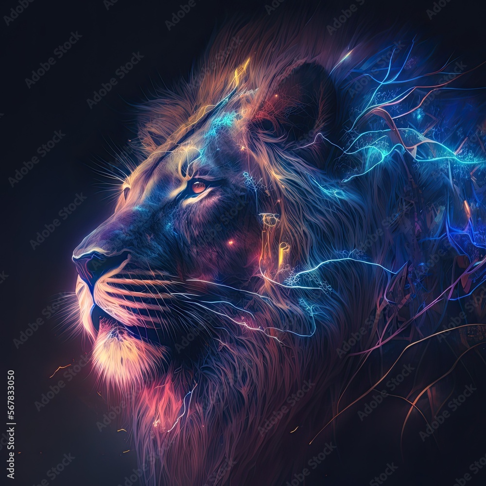 Abstract neon light Lion, artwork design, digital art, wallpaper ...