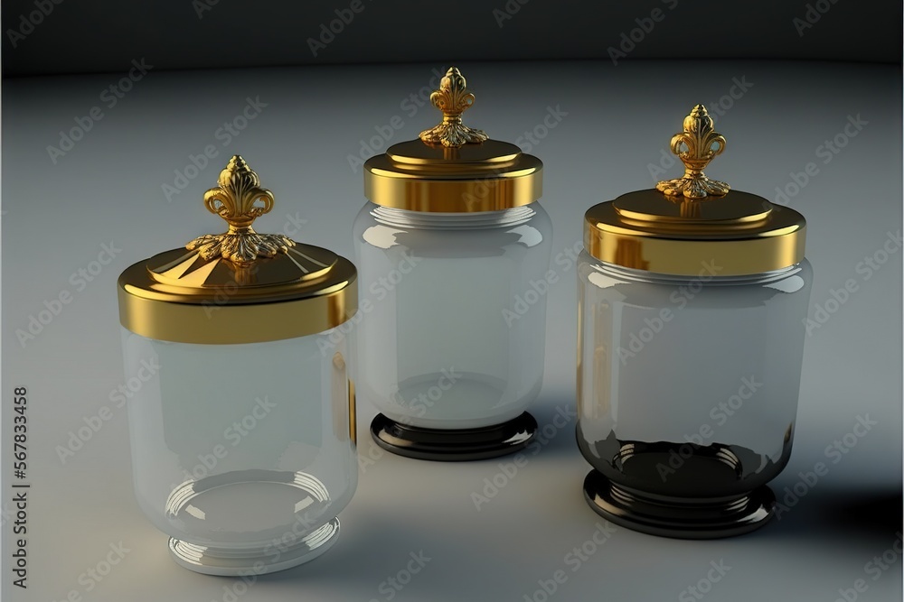three glass jars with gold lids on a gray surface with a black base and ...