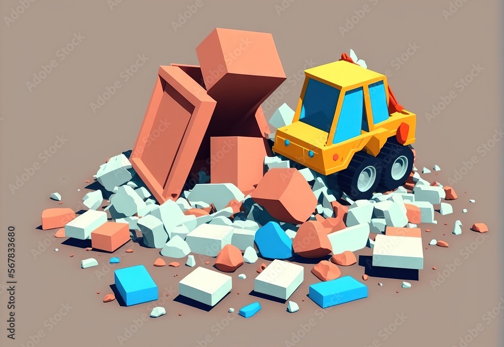 After a brick structure has been demolished, concrete and brick rubble ...