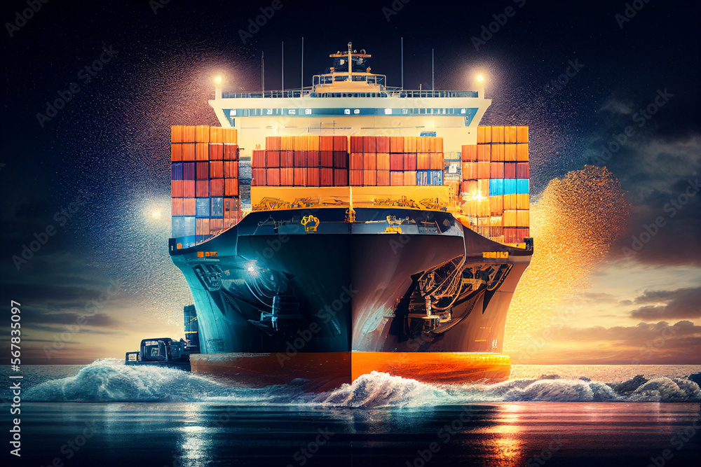 Container vessel by Mediterranean Shipping. Container Ship with containers in port. Cargo ships ...