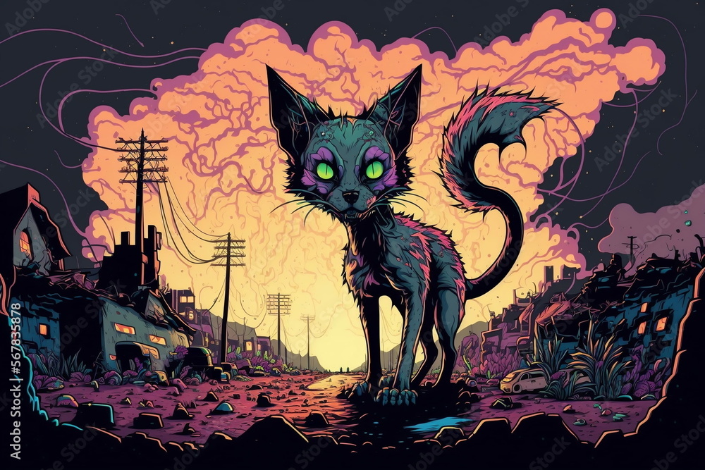 Cat in Apocalypse World Abstract Neon Cartoon Illustration Wallpaper ...