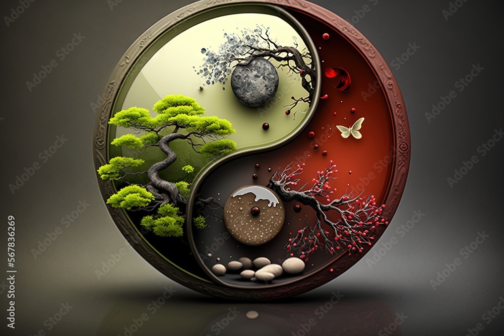 a painting of a tree and rocks in a yin - yang style with a butterfly ...