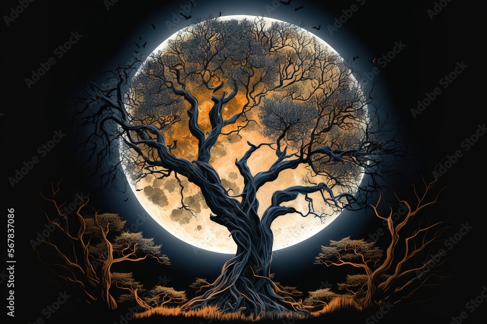 a full moon with a tree in the foreground and bats in the sky in the ...