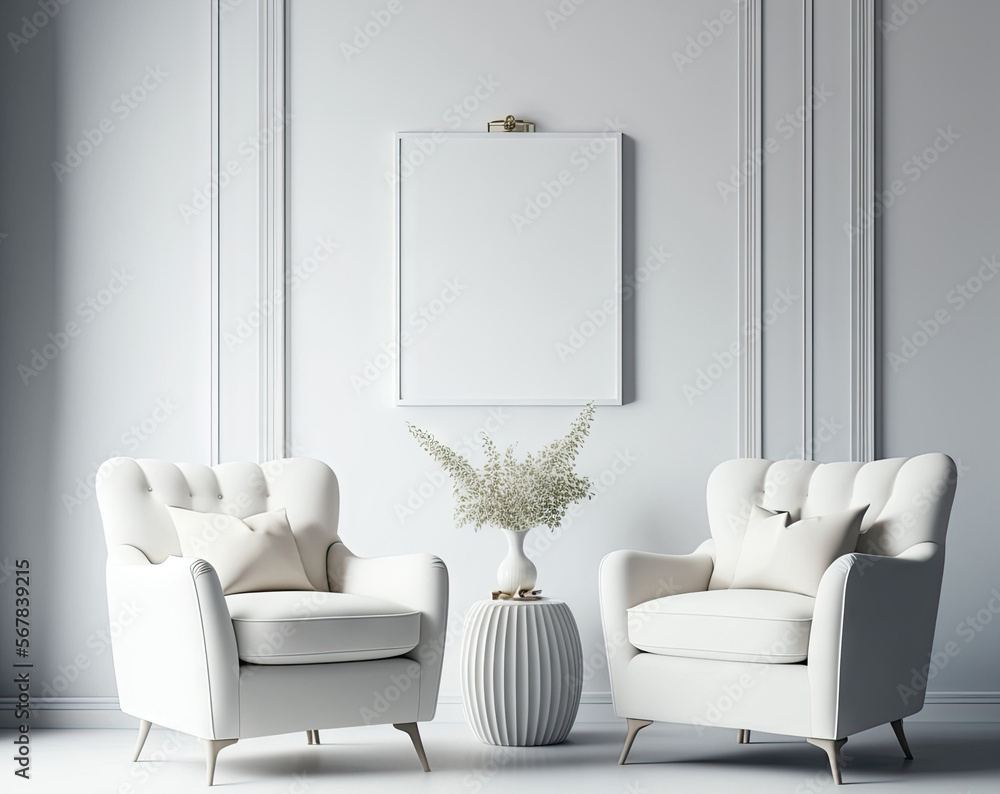White light room with accents. Creamy milky cozy armchairs. Trendy ...