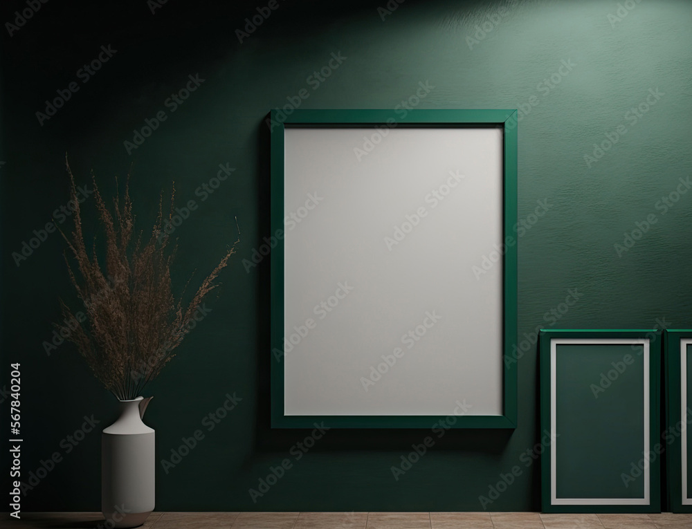 Unfinished poster art frames on a wall with a dark green texture ...
