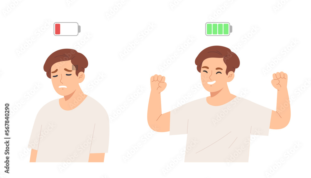 Young man with low and full of battery gestures isolated on white ...