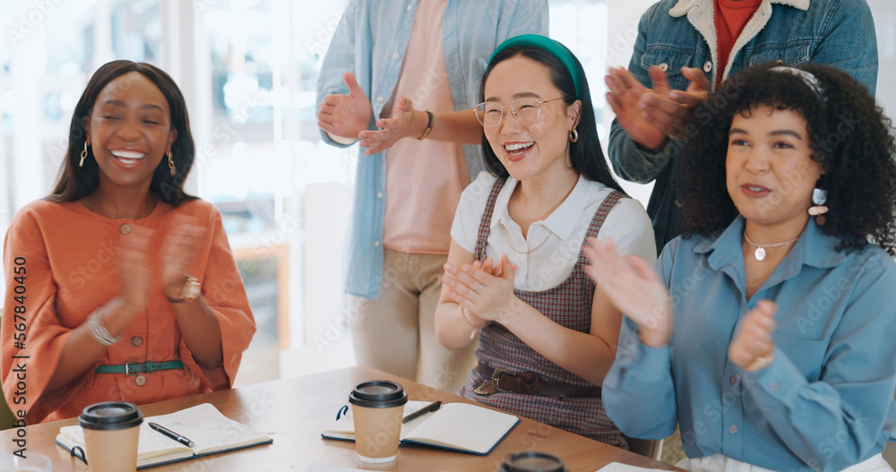 Success, applause or people in a meeting or presentation celebrate team ...