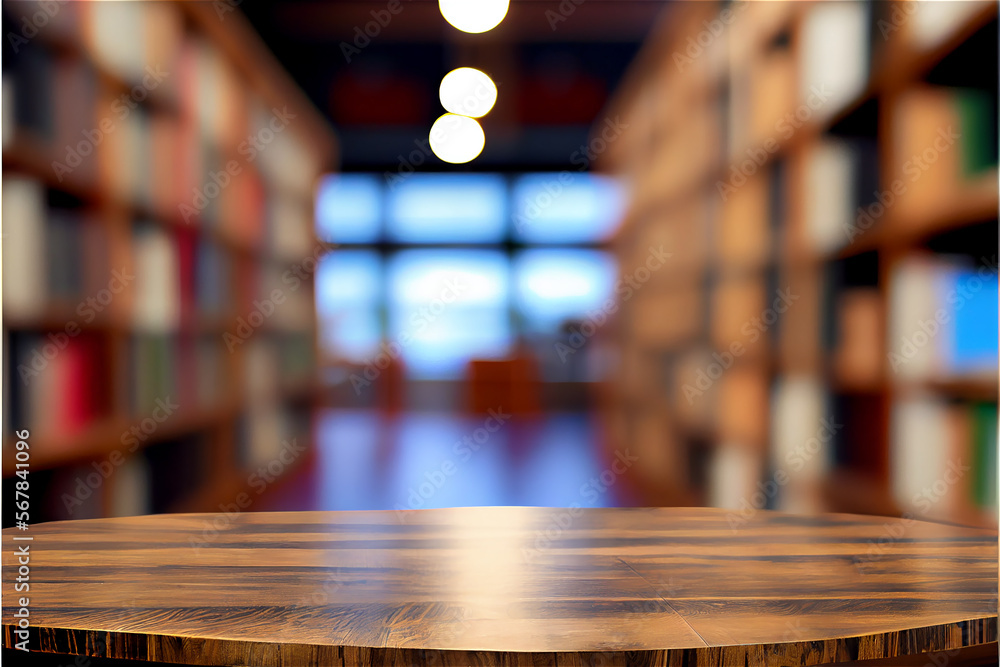 library background with an empty wooden table top and a blurry effect ...