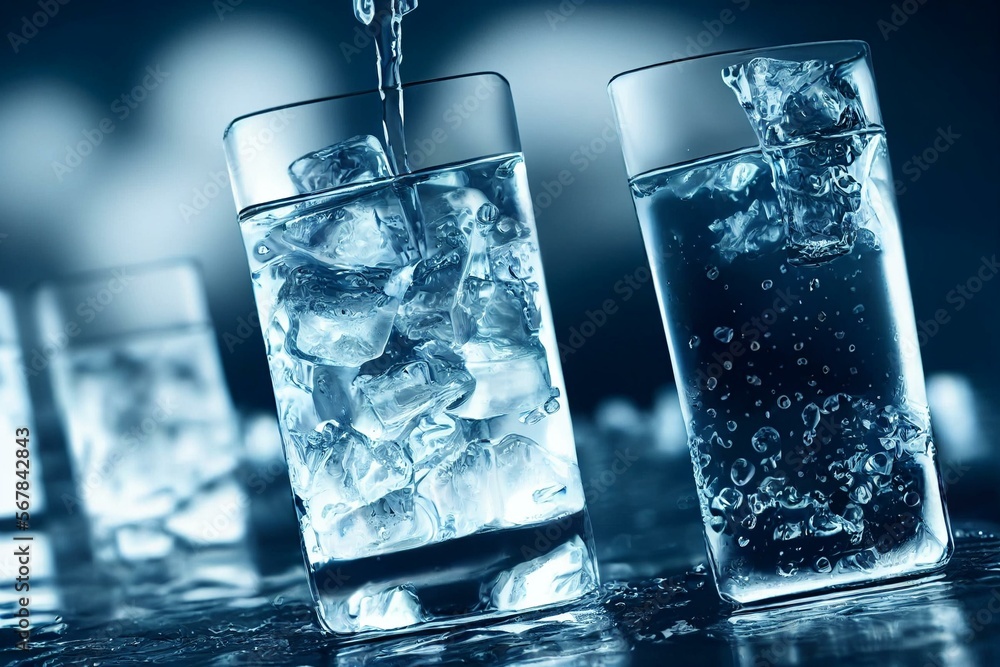 Cubes of frozen fresh water. Pouring vodka on ice cubes. Realistic ...