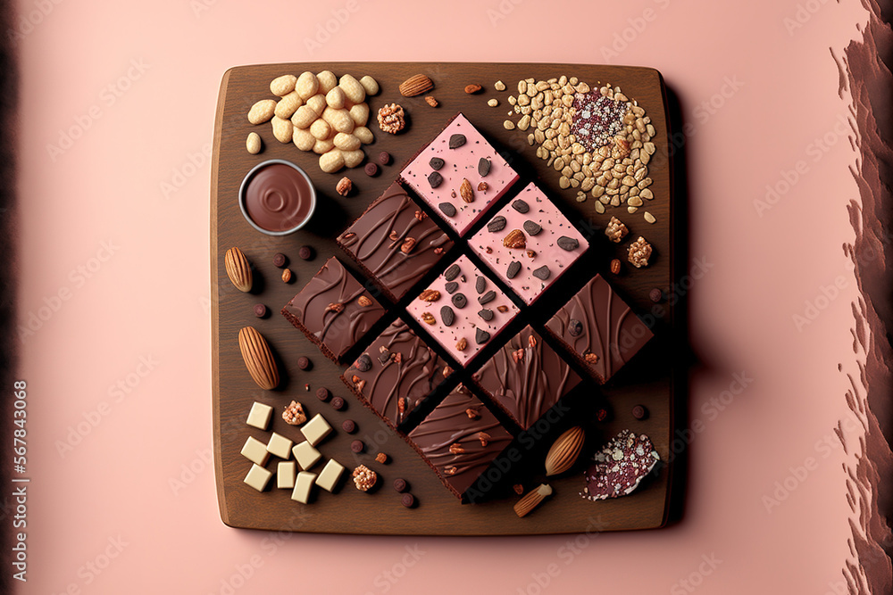Diagonal top view of square slices of chocolate cake and brownies with ...