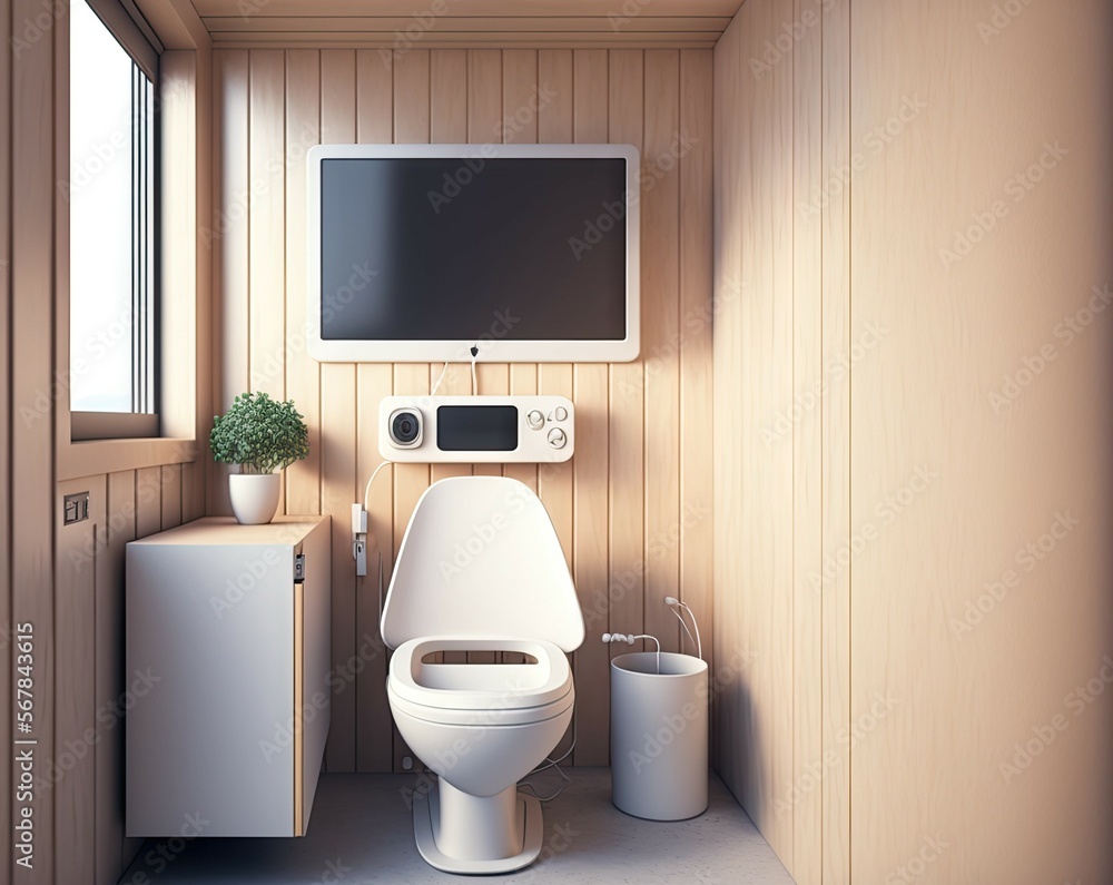 Interior of an office with a wooden toilet and an empty television ...