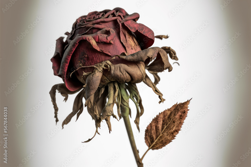Sad red rose dried and aged with time in close-up and detail for ...