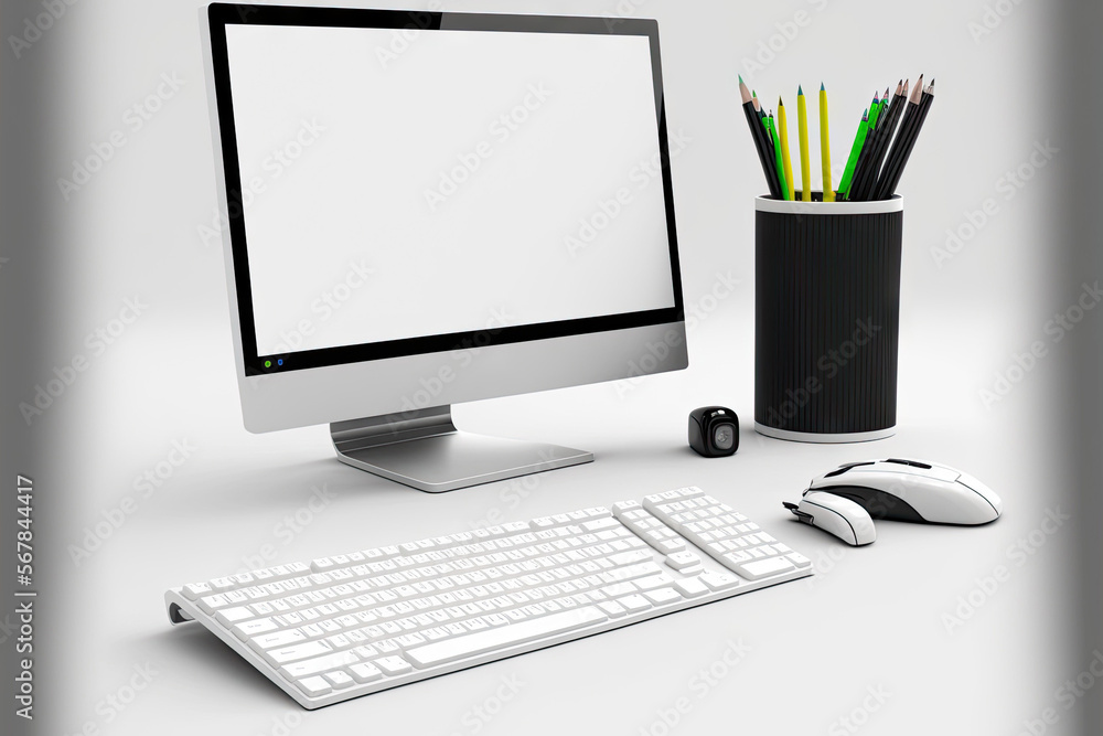 Mockup for a desktop computer with a blank screen, a keyboard, a mouse ...