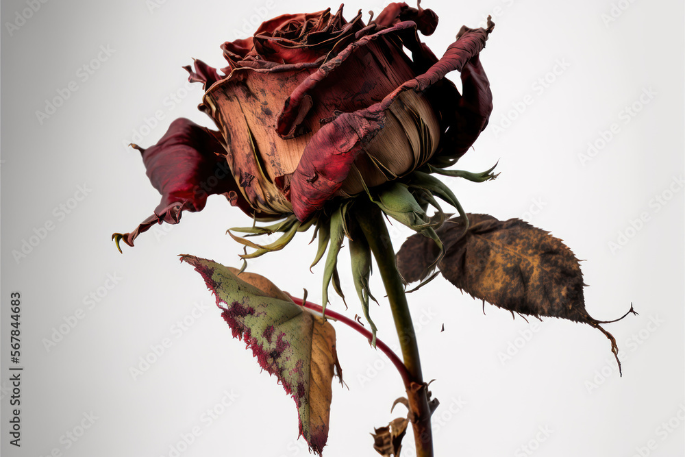 Sad red rose dried and aged with time in close-up and detail for ...
