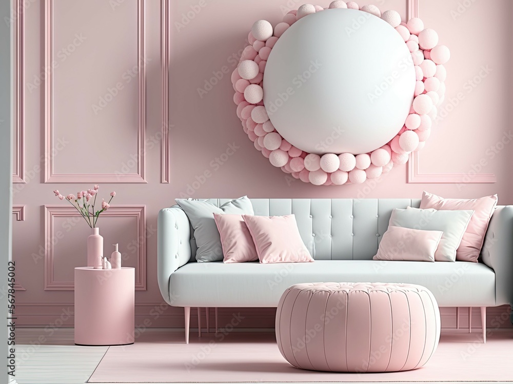 Delicate living room with sofa and pouf. Pink pastel color rose of ...